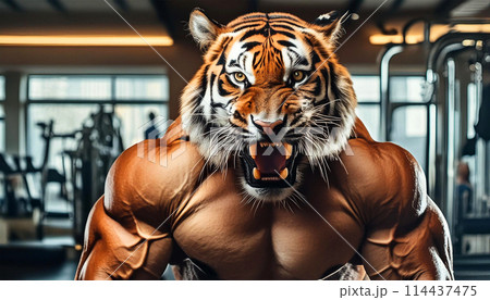 Very Muscular Man With Roaring Tiger Head in a...のイラスト素材 [114437475 ...
