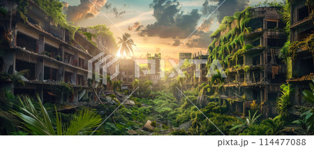 City after end of world at sunset, panoramic...のイラスト素材 [114477088] - PIXTA