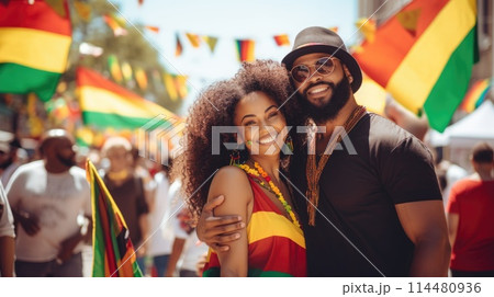 Happy young African American couple celebrating...のイラスト素材 [114480936 ...