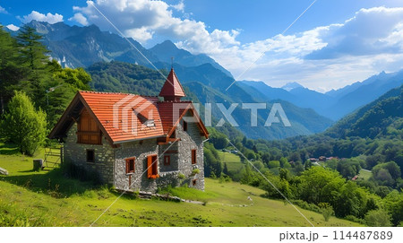 Idyllic mountain landscape with a charming...のイラスト素材 [114487889] - PIXTA