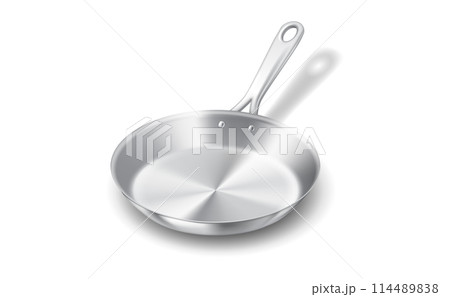 Shiny steel frying pan with handle realistic...のイラスト素材 [114489838] - PIXTA
