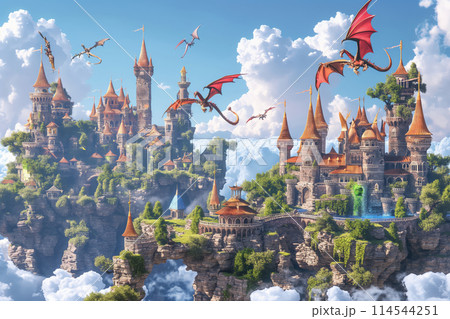 Magical floating castle with dragons soaring...のイラスト素材 [114544251] - PIXTA