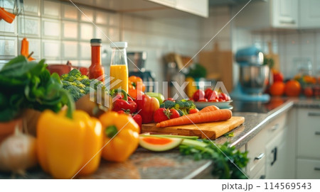 Kitchen setup with colorful fruits, vegetables,...のイラスト素材 [114569543 ...