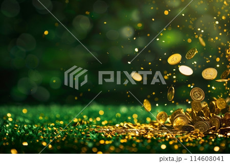 Gold coins pouring down with a sparkle effect...のイラスト素材 [114608041] - PIXTA