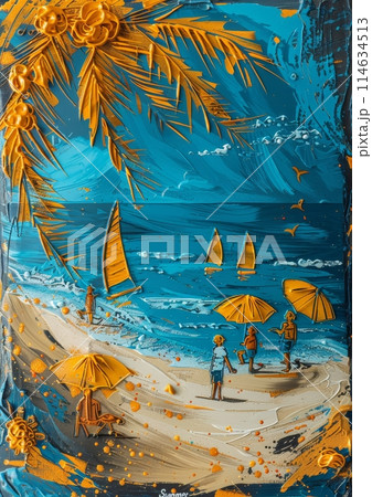 Summer Beach Linocut Print with Palm Leaves and...のイラスト素材 [114634513 ...