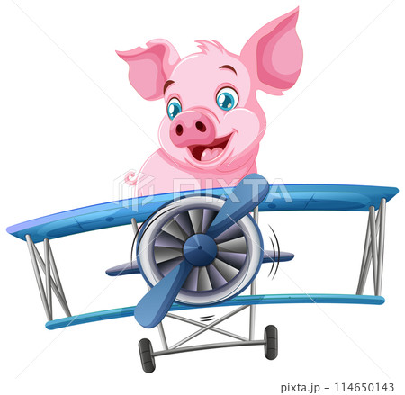 Pig Pilot Flying a Cartoon Airplaneのイラスト素材 [114650143] - PIXTA