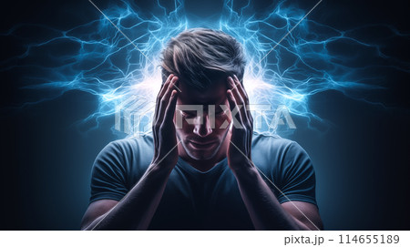 A man is depicted with his hands clutching his...のイラスト素材 [114655189 ...