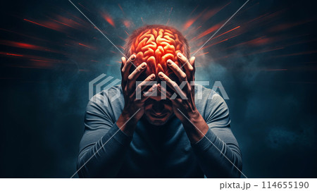 A man is depicted with his hands clutching his...のイラスト素材 [114655190 ...