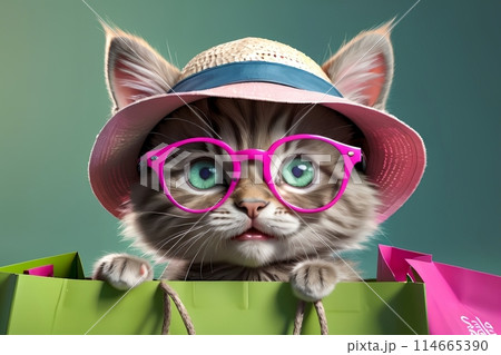 delighted cat with shopping bagsのイラスト素材 [114665390] - PIXTA