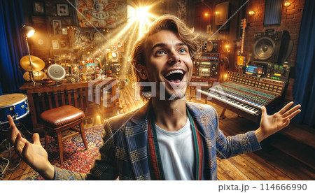 joyful musician in vibrant music studio with...のイラスト素材 [114666990] - PIXTA