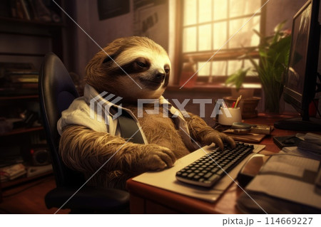 Photo sloth being lazy in the office Generative AIのイラスト素材 [114669227 ...