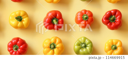 Colorful bell peppers arranged in a grid...のイラスト素材 [114669915] - PIXTA