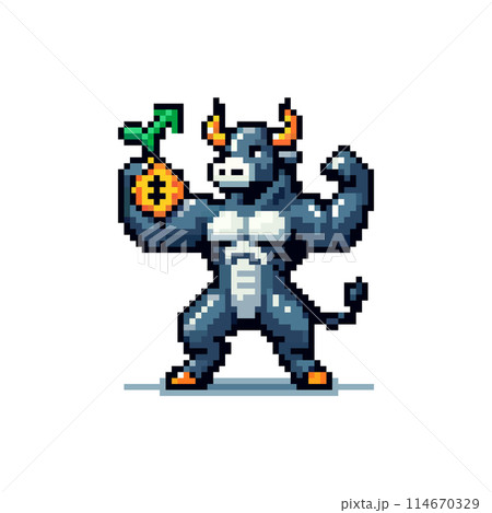 A pixelated bull with a bag of gold,...のイラスト素材 [114670329] - PIXTA