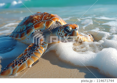 Wise old turtle moves slowly, its ancient shell...のイラスト素材 [114671744 ...