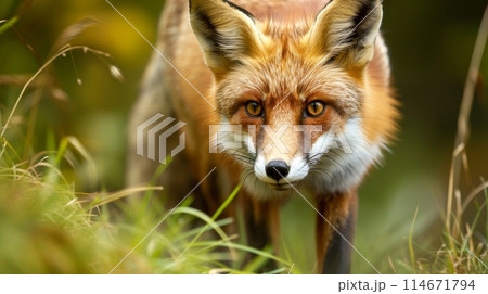 Close-up of a red fox hunting and stalking its...のイラスト素材 [114671794 ...