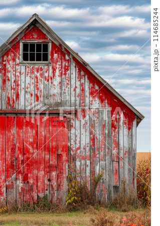 Red and white barn with single window in the...のイラスト素材 [114685244] - PIXTA