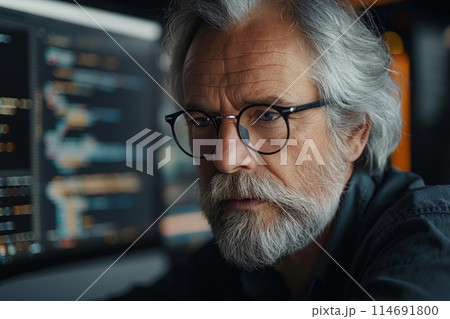 Old man coding intently on a computer in the...のイラスト素材 [114691800] - PIXTA