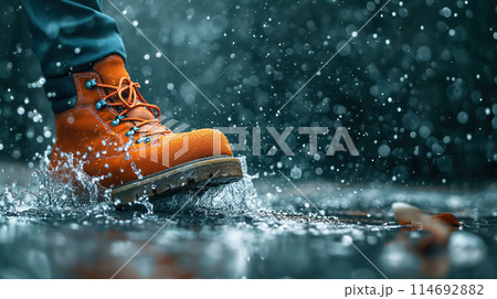 Boot splashing in puddle, raindrops.のイラスト素材 [114692882] - PIXTA