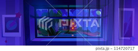 Home window view on outside night house landscapeのイラスト素材 [114720717 ...