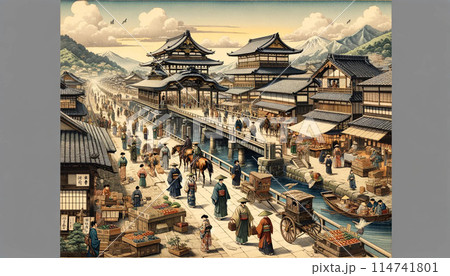 ustling Streets in Temple Town（門前町の賑やかな街並み）2のイラスト素材 [114741801] - PIXTA