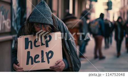 Homeless person hiding behind help help signのイラスト素材 [114752048] - PIXTA