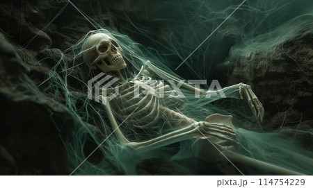 Skeleton lies in eternal rest among cobwebsのイラスト素材 [114754229] - PIXTA