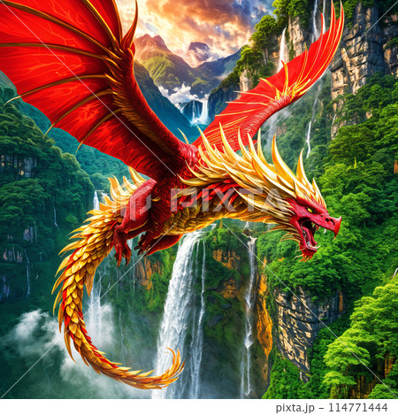 Red dragon flying over waterfall.のイラスト素材 [114771444] - PIXTA