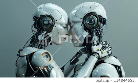 two robots hugging and looking in eyes, cyborg...のイラスト素材 [114844653 ...