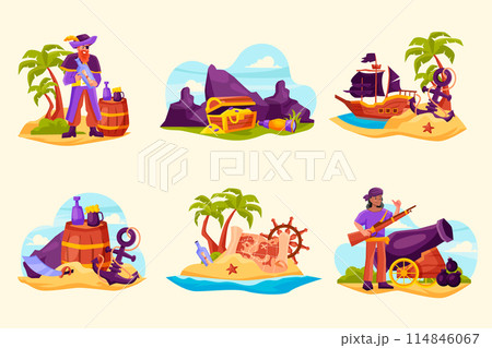 Pirate adventure illustrations in flat designのイラスト素材 [114846067] - PIXTA