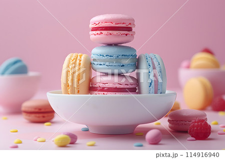 A stack of vibrant magenta macarons displayed...のイラスト素材 [114916940] - PIXTA