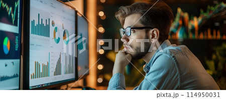Man analyzing data on multiple computer screensのイラスト素材 [114950031] - PIXTA