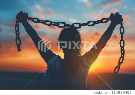 Silhouette of woman breaking free, holding...のイラスト素材 [114959493] - PIXTA