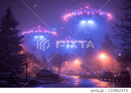 Mesmerizing winter night scene with glowing UFO...のイラスト素材 [114962479 ...
