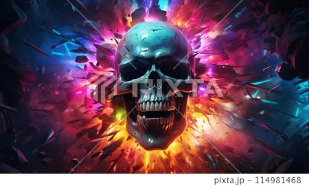 Neon synthwave skull exploding into shining...のイラスト素材 [114981468] - PIXTA