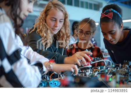 Group of female students working on a robotics...のイラスト素材 [114983891 ...