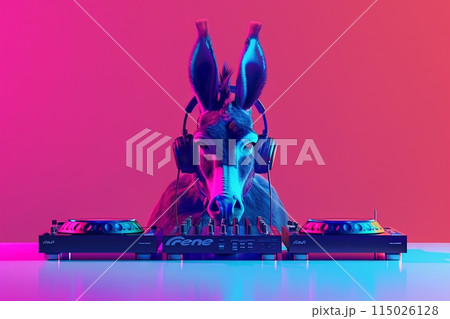 A donkey is wearing headphones and playing a DJ...のイラスト素材 [115026128 ...