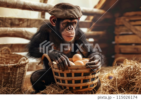 A baby monkey wearing a hat is sitting on hay...のイラスト素材 [115026174] - PIXTA