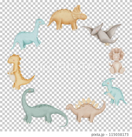 Dinosaurs Watercolor round Frame. Cute Baby...のイラスト素材 [115038173] - PIXTA