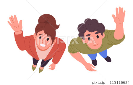 Characters waving hand top view look up. Man...のイラスト素材 [115116624] - PIXTA