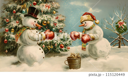 Retro card with gentlemen snowmen competing in...のイラスト素材 [115120449 ...