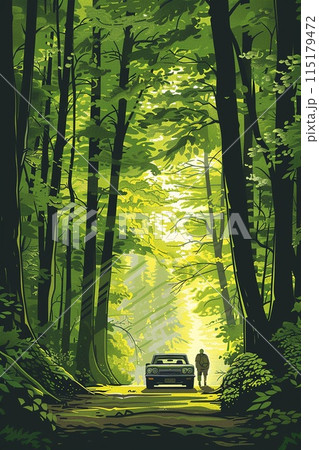 Hikers and a car at a trailhead in a dense...のイラスト素材 [115179472] - PIXTA