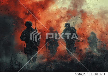 Soldiers Advancing Through Smoke and Fireのイラスト素材 [115181631] - PIXTA