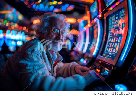 Happy elderly male person sitting at a slot...のイラスト素材 [115193178] - PIXTA