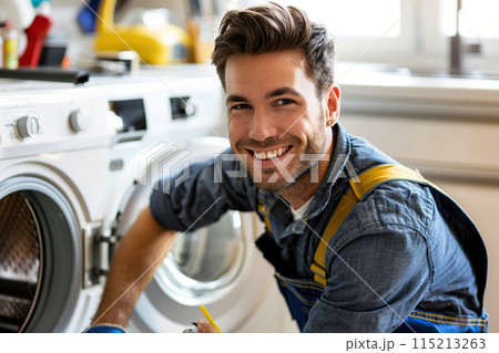 Repairman and washing machine. Young handsome...のイラスト素材 [115213263] - PIXTA