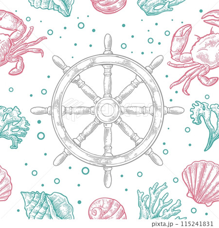 Seamless pattern sea shell, coral, crab and wheelのイラスト素材 [115241831 ...