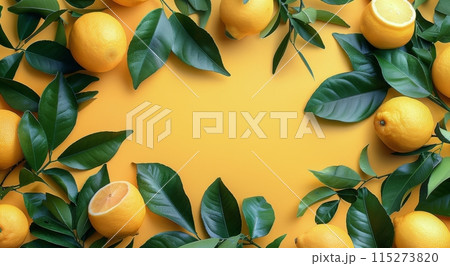 Fresh Lemons and Green Leaves Arranged Around...のイラスト素材 [115273820] - PIXTA
