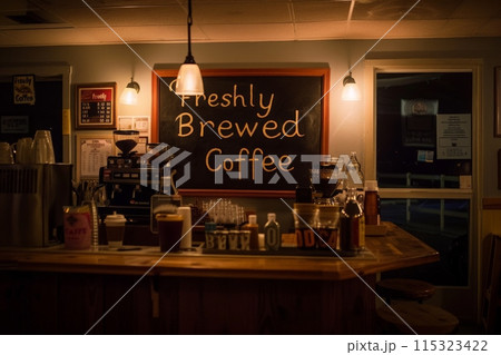 A dimly lit coffee shop at night, showcasing a...のイラスト素材 [115323422 ...