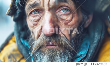 Close-up of an elderly homeless man with a gray...のイラスト素材 [115329686 ...