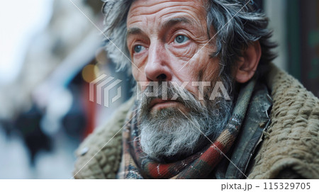 Close-up of an elderly homeless man with a gray...のイラスト素材 [115329705 ...
