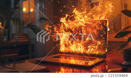 Fire scene unfolds as a modern laptop,...のイラスト素材 [115359469] - PIXTA